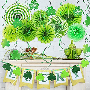 Whaline St.Patrick's Day party Decoration,St Patricks Hanging Paper Fans Honeycomb Ball, Foil String Hanging Swirls, Felt Clover Banner, Lucky Irish Green Shamrock Foil Strings, for Irish Party Decor