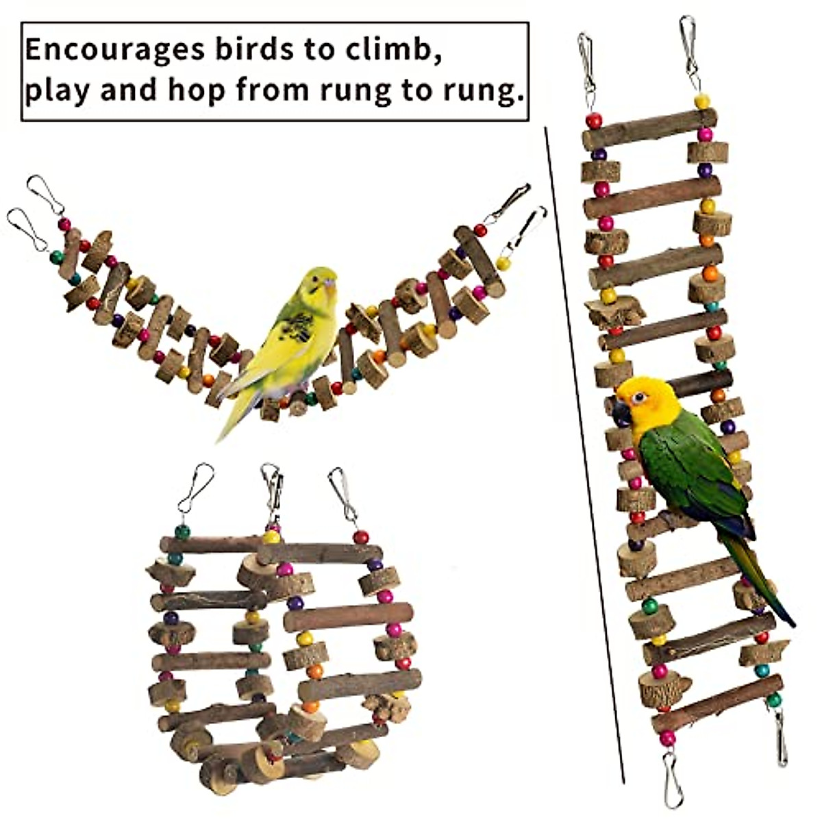 FrgKbTm Bird Parrot Ladder Swing Bridge Natural Wooden Pet Hanging Chewing Toy Bird Cage Accessories for Hamster, Lovebirds, Conures, Macaws, Lovebirds, Finches (1pc 10 ladders 18.1 inches)