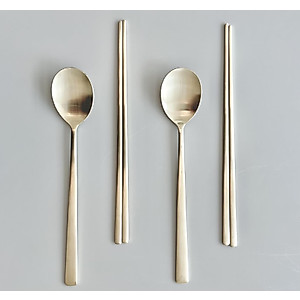 cozymomdeco Korean Made Traditional Utensil Chopstick Set Flatware Champagne Gold Stainless Steel Spoon & Chopsticks 2SET Comfortable Grip