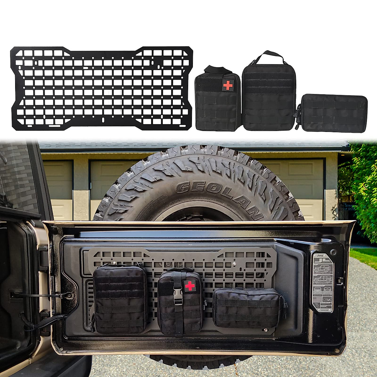 Tailgate Molle Panel Rear Door Cargo Organizer Kit Interior Storage Metal Plate with 3 Storage Bags for 2007-2022 Jeep Wrangler JK/JL 4XE