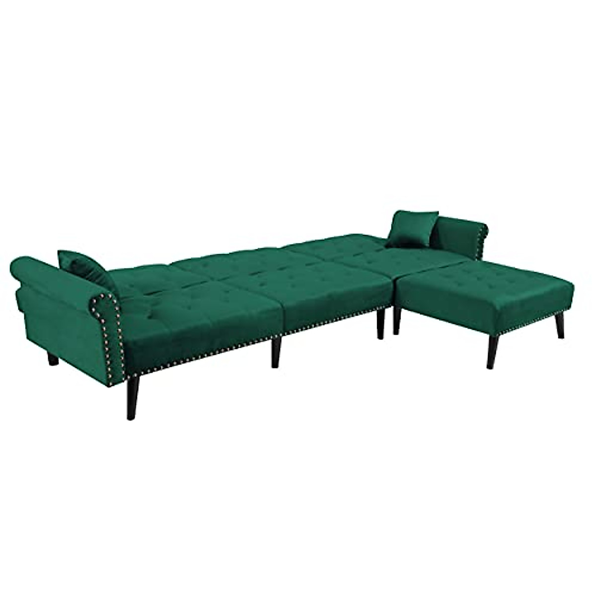 115¡±W Button Tufted Velvet Convertible Sectional Sofa Bed Sleeper with Reversible Chaise & 2 Pillows Indoor Modular Sofa (Green)