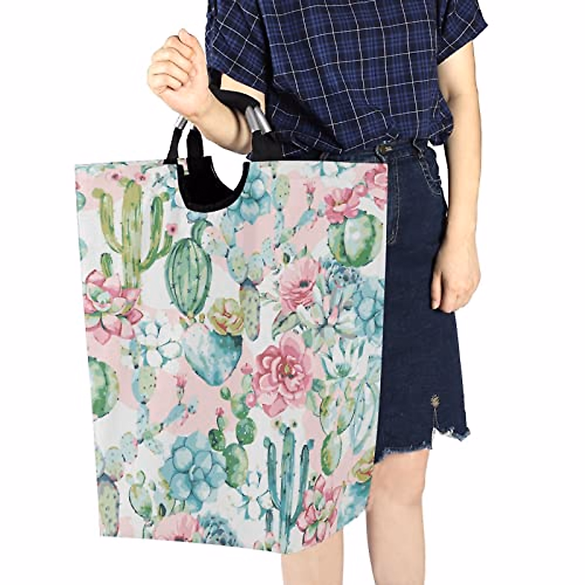 xigua 50L Watercolor Cactus Laundry Hamper, Collapsible Large Laundry Basket with Handles, Portable Clothes Hamper for Laundry, Bathroom, Bedroom, College Dorms