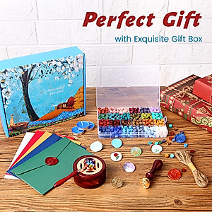 Comealltime Wax Seal Kit with Gift Box, 624 Pcs Wax Seal Beads with 2 Pcs Wax Seal Stamps, Sealing Wax Warmer, Wax Seal Metallic Pen, Envelope, Candles, Wax Seal Stamp Kit for Gift and Craft