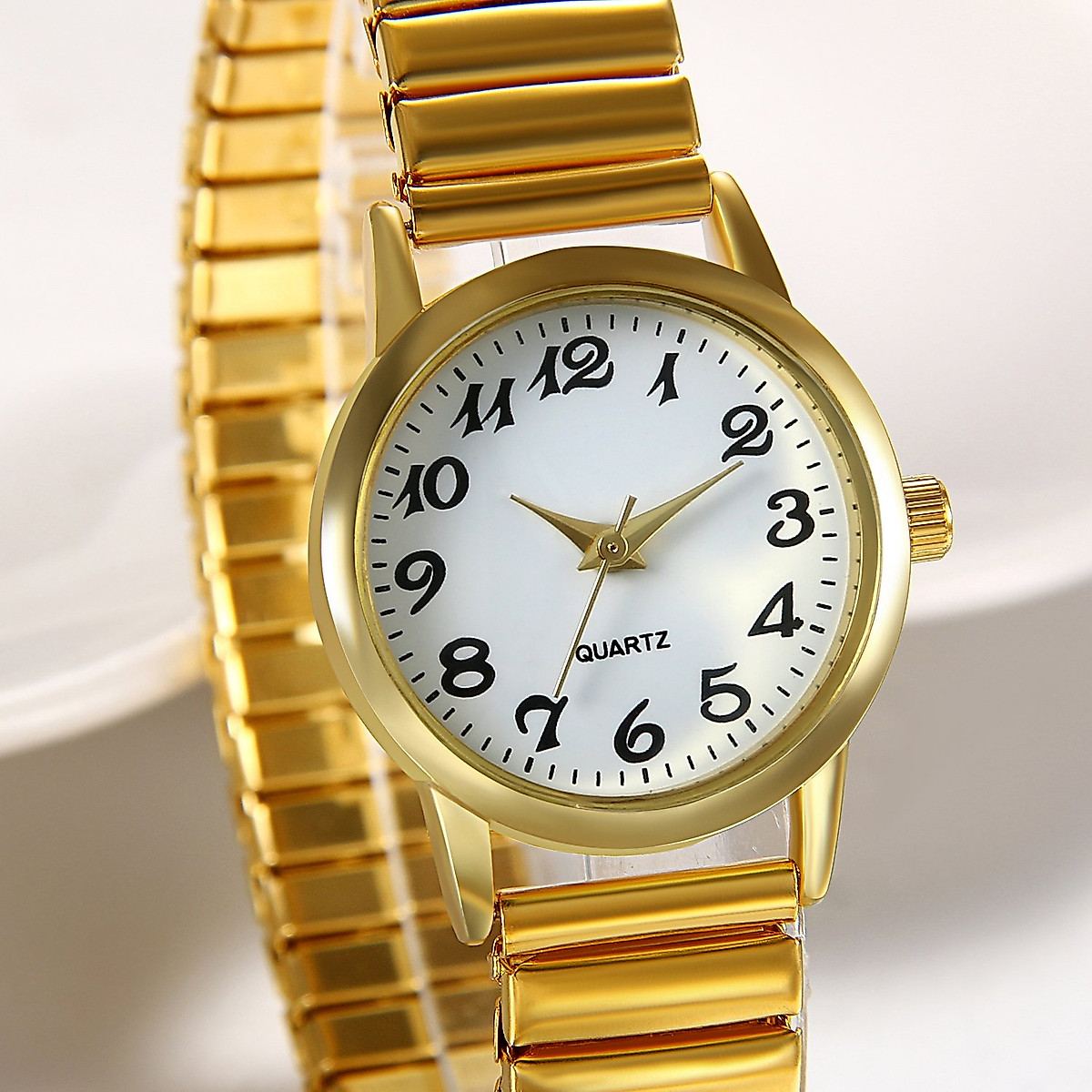 JewelryWe Women's Ultra Thin Easy Reader Watch with Elastic Strap, Golden/Silver Watch