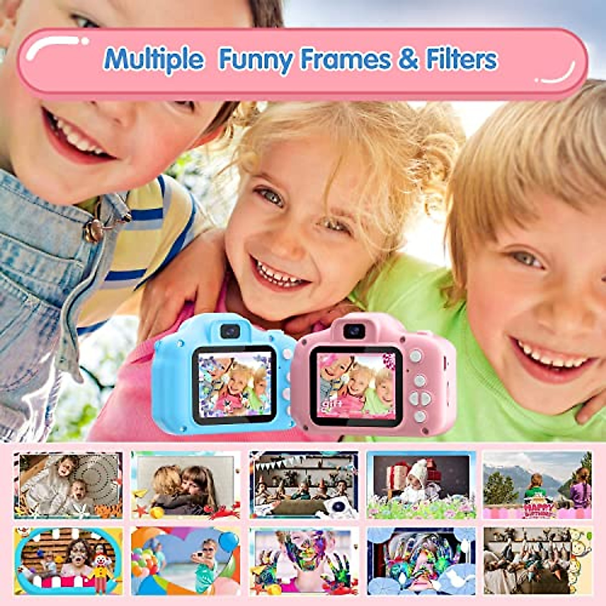 Acuvar 1080P Kids Selfie HD Compact Digital Photo and Video Rechargeable Camera Kit with 32GB TF Card & 2" LCD Screen Micro USB Charger, Lanyard. 6PC Card Holder and All in One USB Card Reader (Pink)