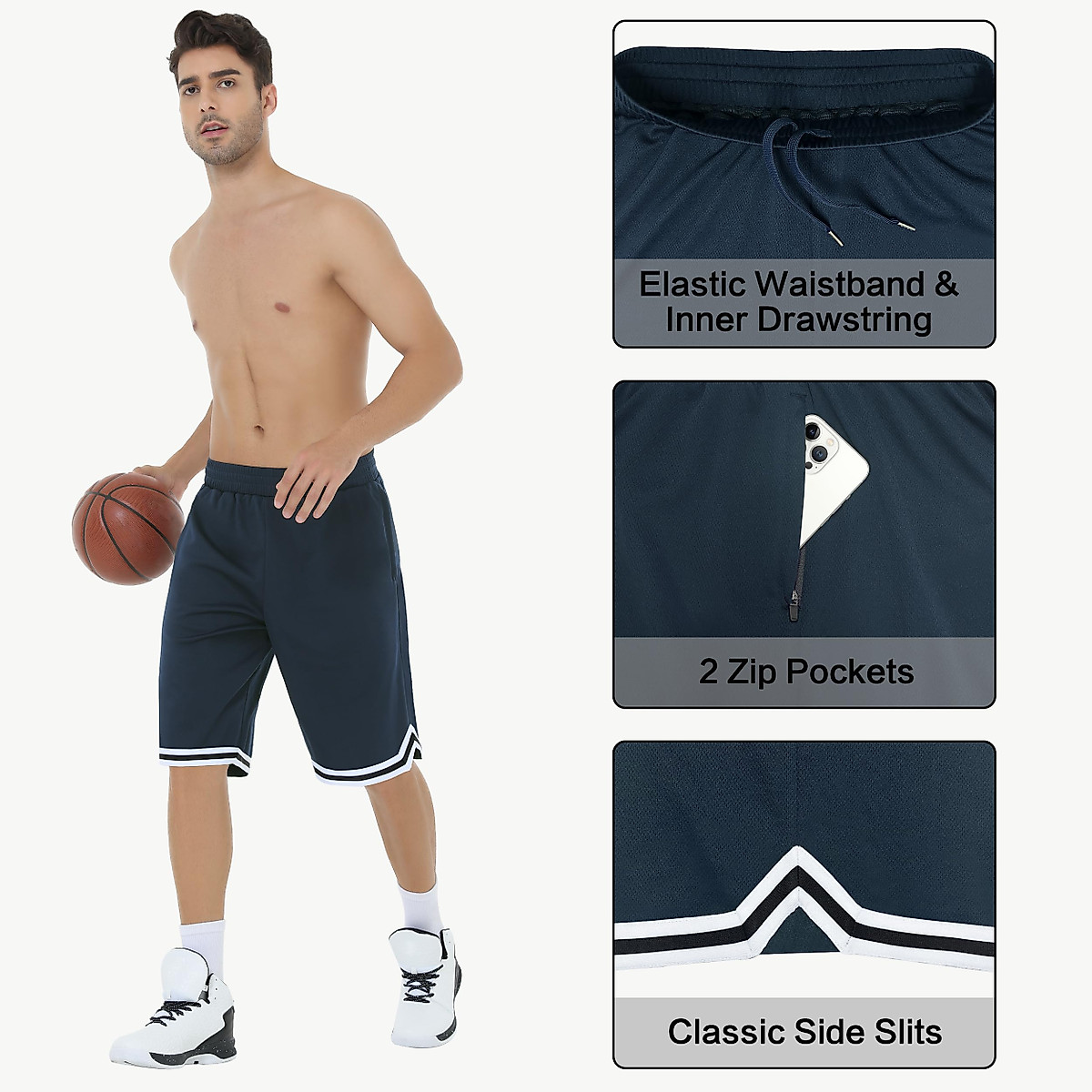 JWM Mens Long Basketball Shorts with Zip Pockets - 11" Mesh Athletic Gym Workout Sport Shorts Quick Dry Lightweight Navy