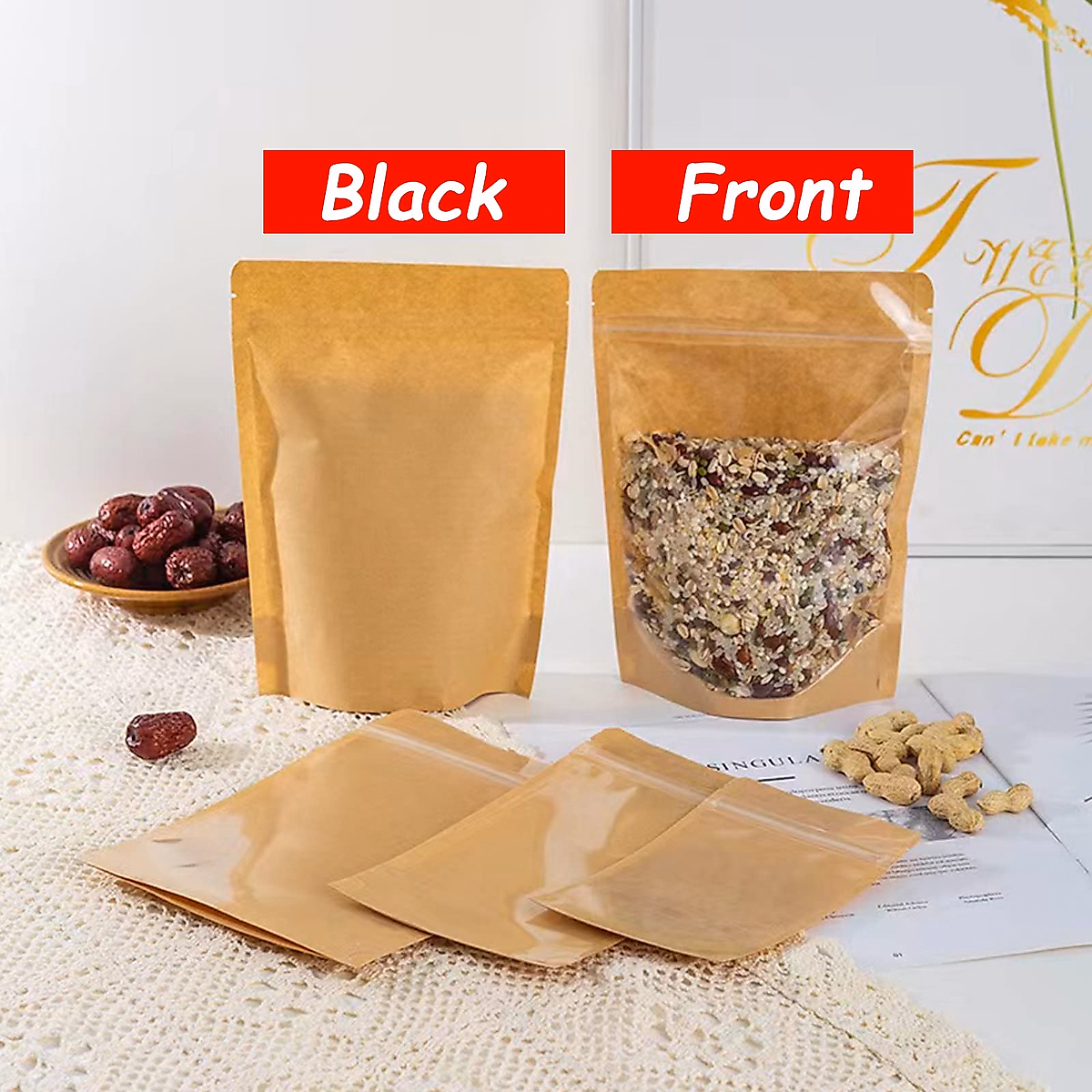 100 PCS Stand Up Pouches, 5.5 x 7.8 inch Kraft Paper Food Bags with Clear Window, Reusable Ziplock Food Storage Bags Resealable Pouches for Foods, Coffee Beans, Snacks