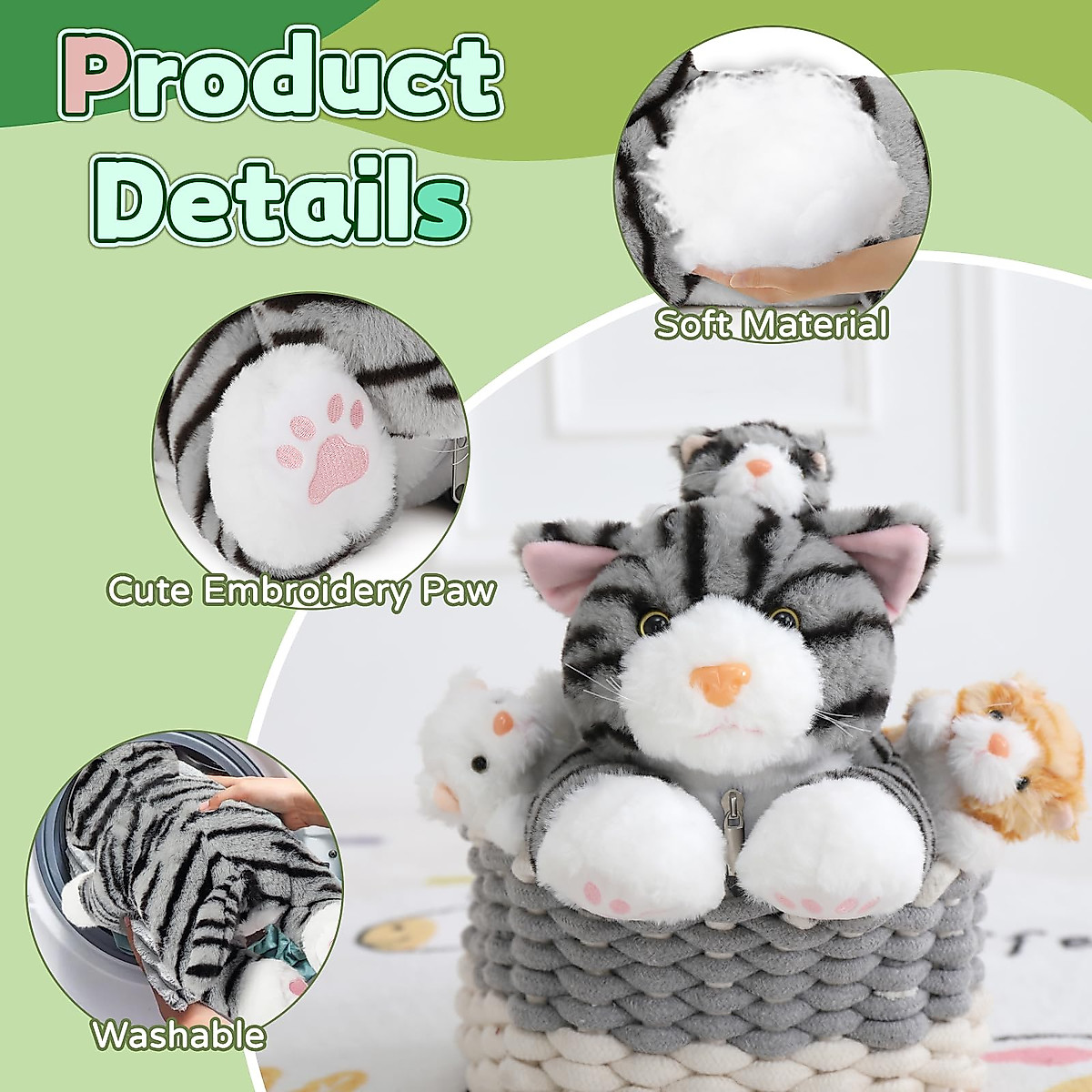 Muiteiur 4 Piece Cat Plush Set, Mom Cat Stuffed Animal with 3 Baby Stuffed Kittens in Zipper Pouch, Cute Stuffed Cat for Kids Girls Boys, Great Gift for Valentines Birthday (Grey,15.7inch)