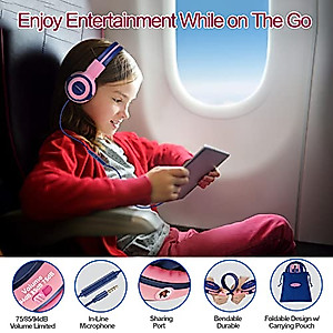 SIMOLIO Kids Headphones with Microphone, Headphones for Girls with 75dB,85dB,94dB Volume Limited & Share Jack, Durable Children Headphones, On-Ear Kids Headset for School/Plane Travel/Gift (Pink)