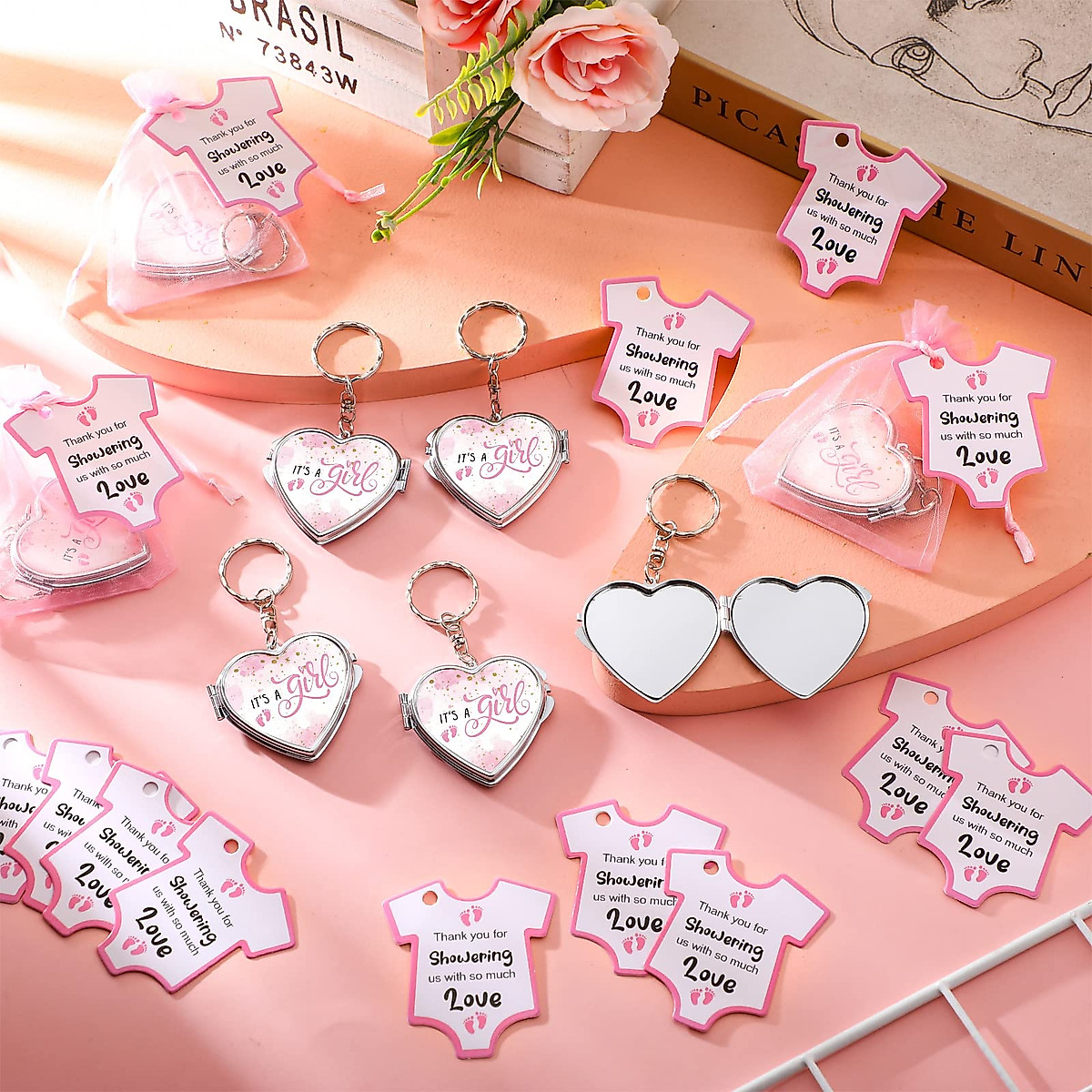 Wesiti 108 Pcs Baby Shower Favors 36 Heart Shaped Mirrors Keychain Thank You Tags 36 Organza Bags for Baby Shower