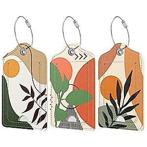 Rimilak 3 Pcs PU Leather Luggage Tags for Suitcase, Travel Cruise Luggage Tag with Privacy Flap, Name ID Label and Metal Loop for Women Men Baggage Handbag School Bag Backpack, Tropical Plant