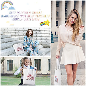 2 Pieces Rainbow Canvas Bag Inspirational Boho Tote Bag with Zipper Back to School Gift for Girls Kids Thank You Gift for Teacher Reusable Canvas Bag for Girls Women Daughter Bff Birthday Favors