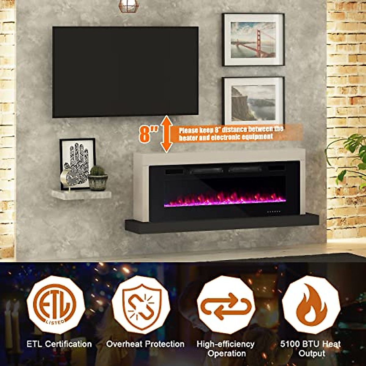 GOFLAME 50 Inch Electric Fireplace, Recessed & Wall-Mounted Fireplace Heater with Touch Panel, APP Control, Remote Control, 12H Timer, Adjustable Flame Color and Brightness, Overheat Protection