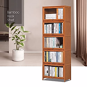 MoNiBloom Tall Narrow Bookcase with Acrylic Doors 5 Tier Free Standing Book Shelf Storage Organizer Save Space for Living Room Office, Brown