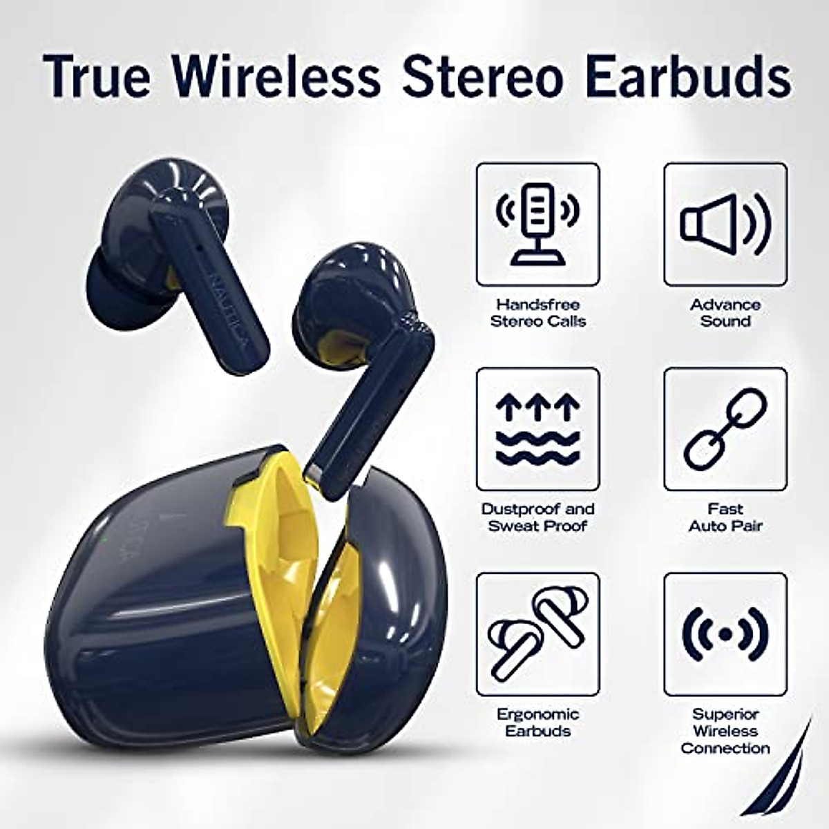 Nautica T200 True Wireless Stereo Earbuds Bluetooth v5.1 TWS in-Ear Earphones with Built-in Mic, Wireless Bluetooth Earbuds with Charging Case Intelligent Touch control, Ergonomic design & Sweat-Proof