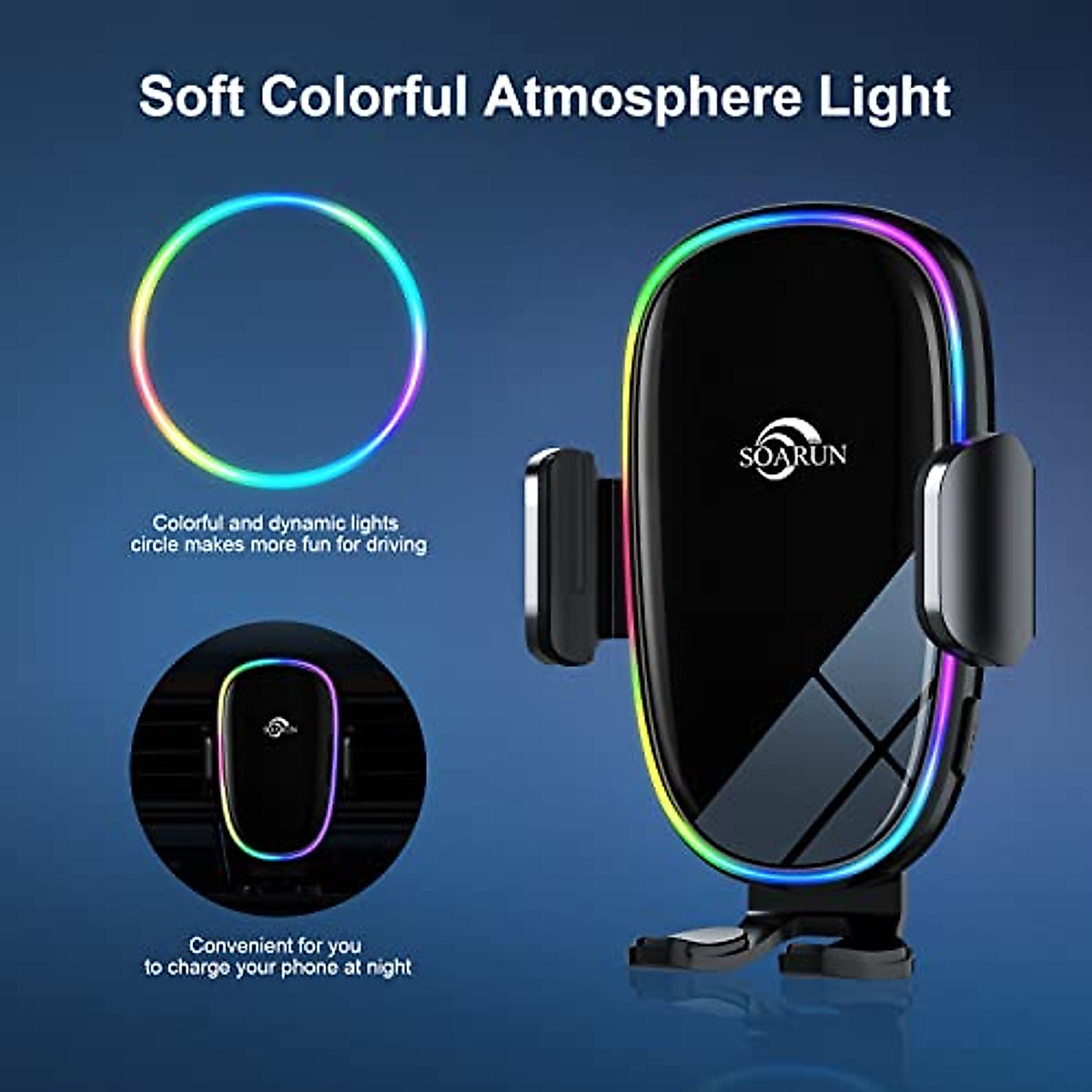 Wireless Car Charger Mount, SOARUN [Unique 7 Colors LED Dynamic Backlit] 15W Wireless Fast Charging Car Phone Holder, Auto-Clamping Wireless Car Charger for iPhone 14 Pro 13 12, Samsung S23 Ultra S22