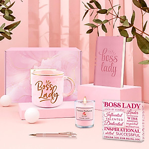 Boss Lady Gifts For Women, Thank You Gifts for Her, Boss Appreciation Gifts for Leader, Thanksgiving Christmas Gifts For Mom Birthday Present Boss Coffee Mug Acrylic Sign Notebook Ballpoint Pen Candle