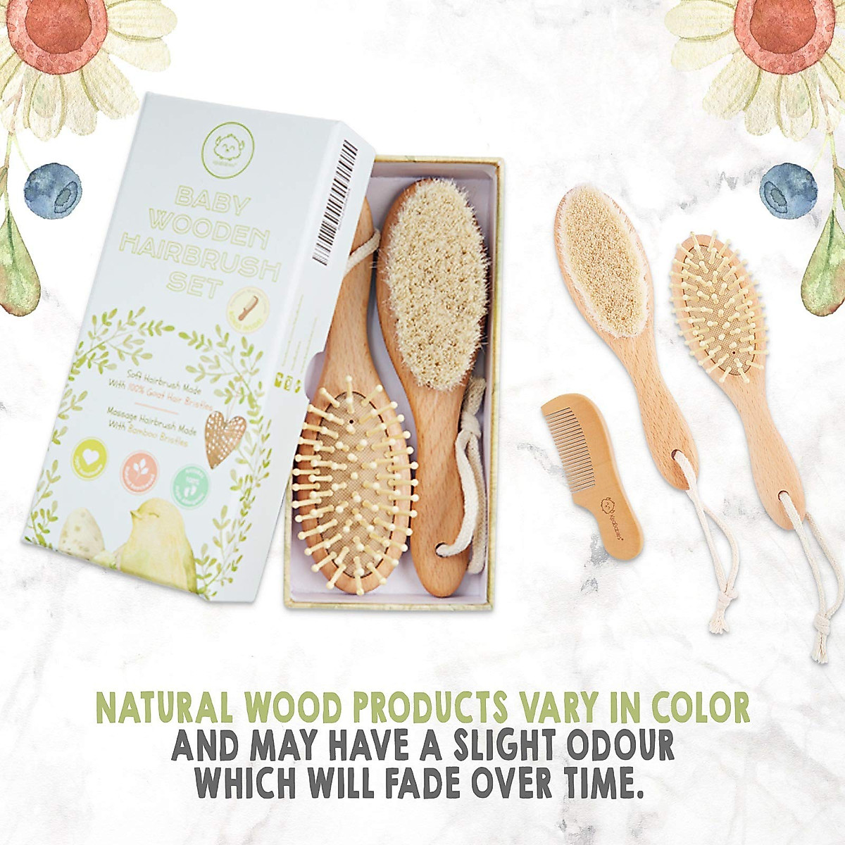 Baby Memory Book & Baby Natural Goat Hair Brush Bundle - Newborn Baby Shower Set for Baby Boy & Girl - Natural & Newborn Safe - Keepsake Journal Book for Newborn Babies