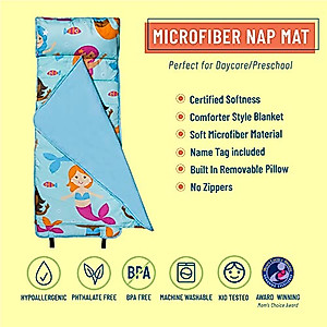 Wildkin Microfiber Nap Mat with Reusable Pillow for Boys and Girls, Perfect for Daycare and Preschool Toddler Sleeping Mat, Soft Cotton Blend Materials Nap Mat for Kids (Mermaid)
