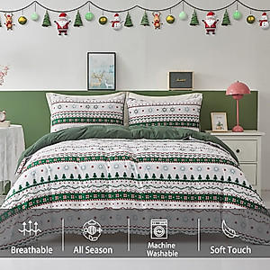 Cottolester Christmas Duvet Cover Queen Size Christmas Tree Snowflake Bedding Set Striped Duvet Cover Lightweight Soft Microfiber Bedding Set(Green,3PC)