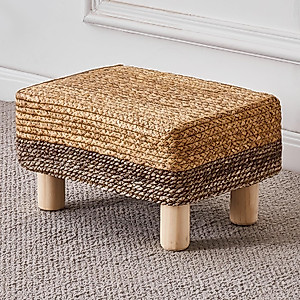 Cpintltr Foot Stool Ottoman Rectangular Footrest Pouf Ottomans Natural Seagrass Footstool with Wooden Legs Hand Weave Step Stool for Living Room Bedroom Entryway Purple