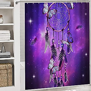 EEncantoo 4 Piece Dreamcatcher Butterflies Purple Art Shaggy Rugs + Contour Mat & Lid Cover Rubber Backing + Quick Dry Shower Stall Curtain for Dorm Room, Tub and Shower
