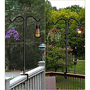 Koutemie 40 Inch Tall Double Deck Hook for Railing, Adjustable Outdoor Shepherds Hook with 2-Inch Strengthened Clamp for Hanging Plant Bird Feeder, 1 Pack