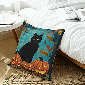 deaokluy 20"x20" Halloween Black Cat Square Leather Throw Cushion Covers Decorative Holiday Pillow Case for Home Bedroom Couch Sofa Decoration