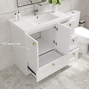 JPND White Shaker Style 36" Bathroom Vanity with Sink Top, Wooden Double Door Bathroom Storage Vanity with Soft-Close Door and 4 Drawers (Faucet and Knobs Not Included)