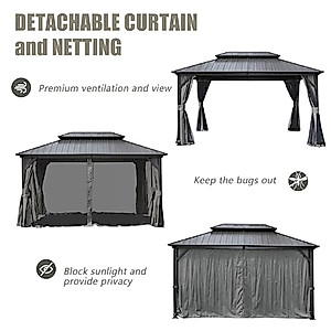 Domi 10’ X 12’ Hardtop Gazebo Canopy with Netting & Curtains, Outdoor Aluminum Gazebo with Galvanized Steel Double Roof for Patio Lawn and Garden, Gray