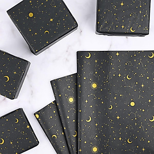 100 Sheets 20 * 14 Inches Galaxy Tissue Paper for Gift Wrapping, Black Gold Moon Star Printed Tissue Paper for Gift Bags for Birthday Christmas Baby Shower DIY Craft