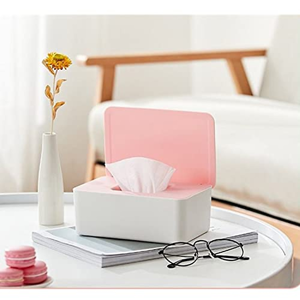 Wipes Dispenser Holder,Tissue Storage Box Case Wet Baby Wipes Case Baby Wipe Holder with Lid for Home Office Desk, Dorm, Kitchen, Washroom, Vanity (White+Pink)