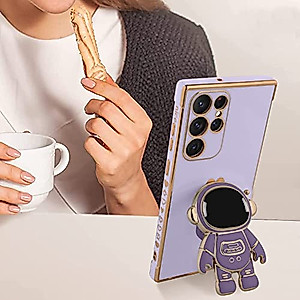 AIGOMARA 6D Plating Astronaut Hidden Stand Case Cover for Samsung Galaxy S22 Ultra 5G Women Astronaut Folding Bracket Kickstand iPhone Case with Camera Protector Soft TPU Shockproof Bumper - Purple