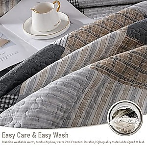 Finlonte Quilts Queen Size, 100% Cotton Lightweight Bedspread, Grey Brown White Plaid Patchwork Soft Reversible Queen Quilt Set for Bed All Season, 3-Pieces