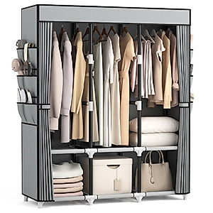 VTRIN Portable Closet, Wardrobe Closet for Hanging Clothes Closet with Cover, 3 Hanging rods, 6 Storage Shelves and Side Pockets, Diameter 19mm Metal Pipe, Free Standing Closet for Bedroom