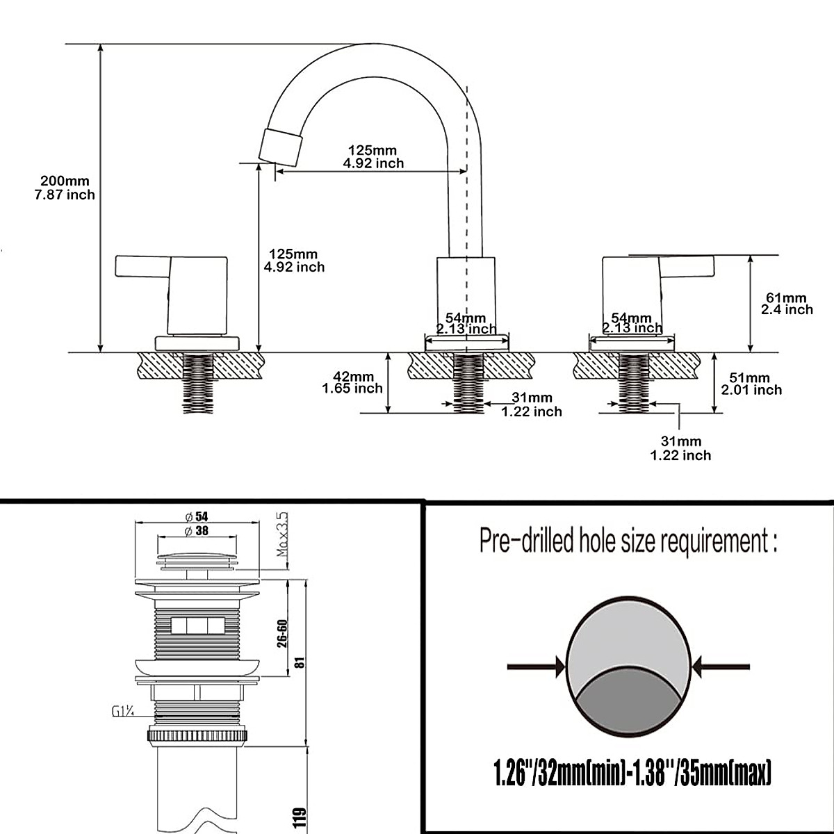Phiestina 8 Inch 3-Hole Low-Arch 2-Handle Widespread Bathroom Faucet with Valve and Metal Pop-Up Drain Assembly,Matte Black, WF15-1-MB