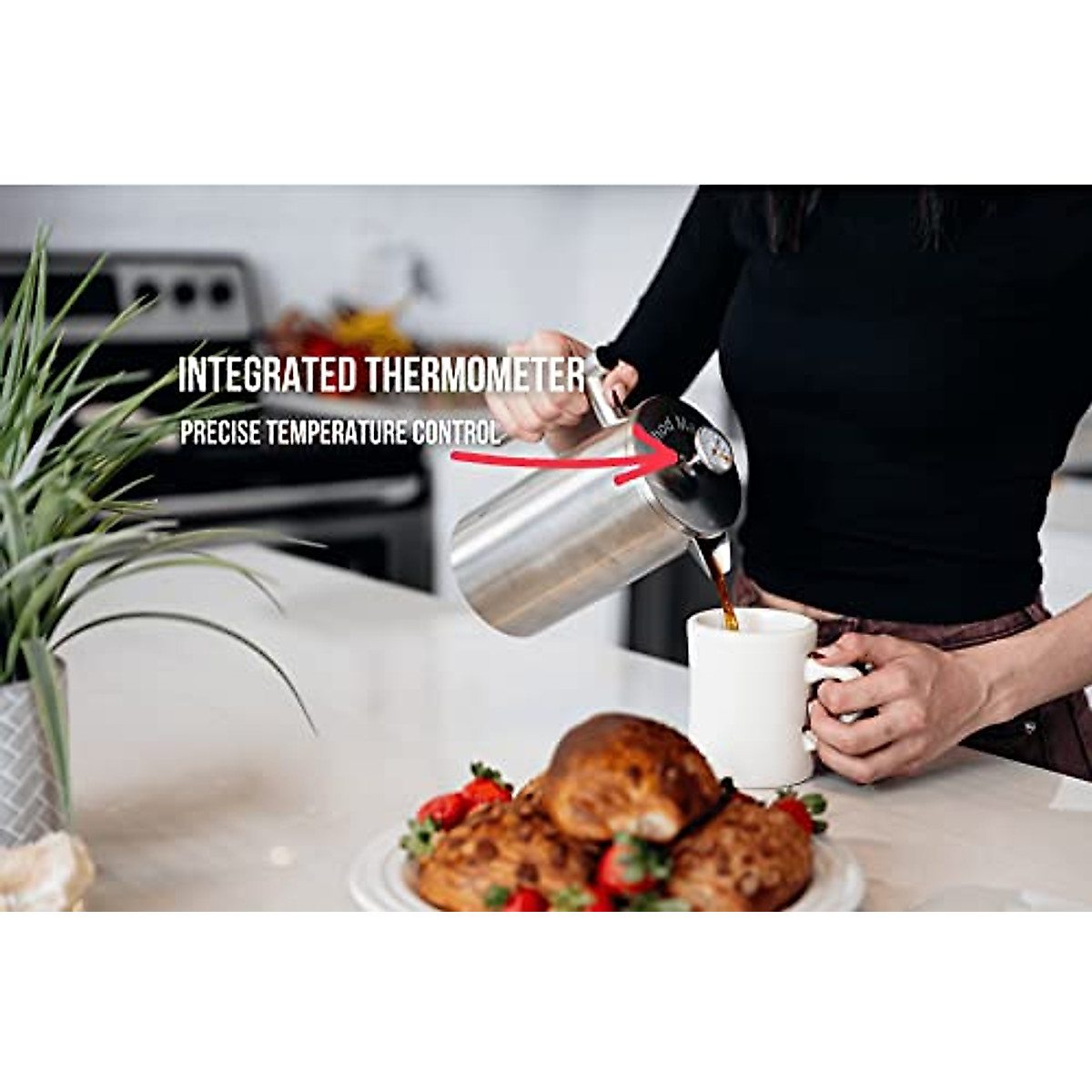 Barista Warrior French Press with Thermometer - Insulated Coffee Press - Stainless Steel French Press Coffee Maker (1.0L | 34 fl oz) (White)