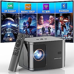 [Electric Focus] 5G WiFi Mini Bluetooth Projector 4K Support, 300 ANSI HD 1080P Portable Video Projector, ±40° Vertical Keystone|Zoom|Timer, DBPOWER Smartphone Projector Outdoor Movie for TV (Grey)