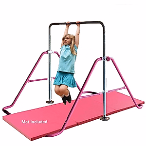 Athletic Bar Kids Kip Gymnastics Bar Training Horizontal Kip Bar + 2x6 Tri Fold Mat Junior Training Adjustable Expandable Height Jungle Gym Monkey Bars Climb Tower Children Boys and Girls (Pink)