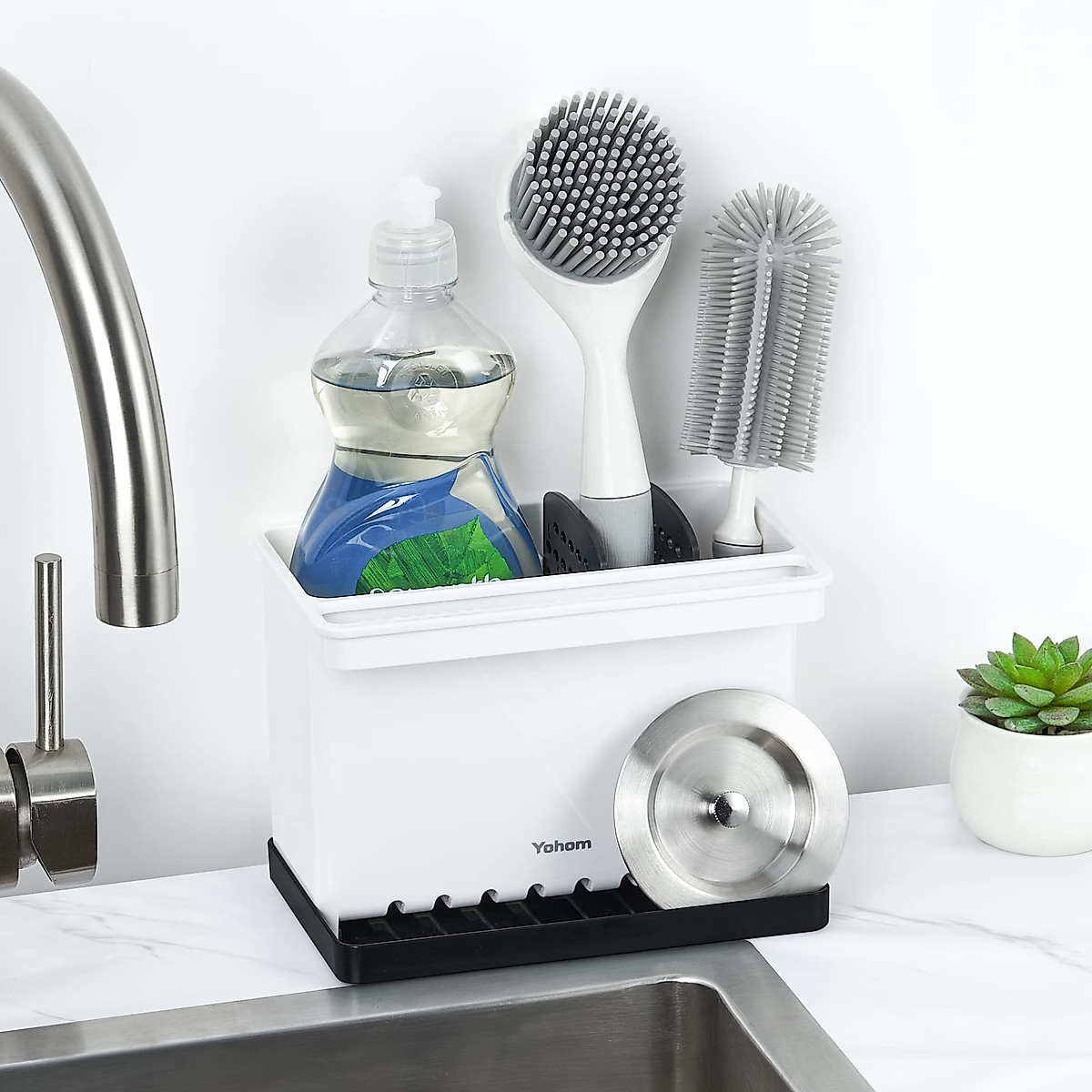 YOHOM Kitchen Sink Caddy Sponge Holder Organizer Brush Holder 2-in-1 Sinkware Caddy with Sink Drain Tray for Kitchen Dish Sponge Holder with 4 Adjustable Divider