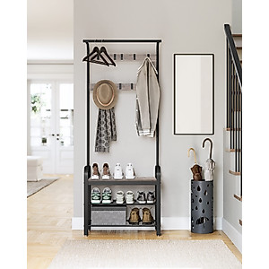 VASAGLE Coat Rack, Hall Tree with Shoe Bench for Entryway, Entryway Bench with Coat Rack, 4-in-1, with 9 Removable Hooks, a Hanging Rod, 13.3 x 28.3 x 72.1 Inches, Greige and Black UHSR40MB