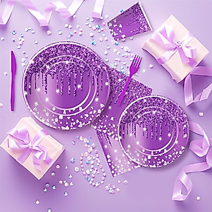 YJRJSC Purple Plates And Napkins Party Supplies - Purple Party Decorations Tableware, Paper Plate, Napkin, Cup, Disposable Cutlery, Glitter Purple Bridal Shower Birthday Table Decorations | Serve 24