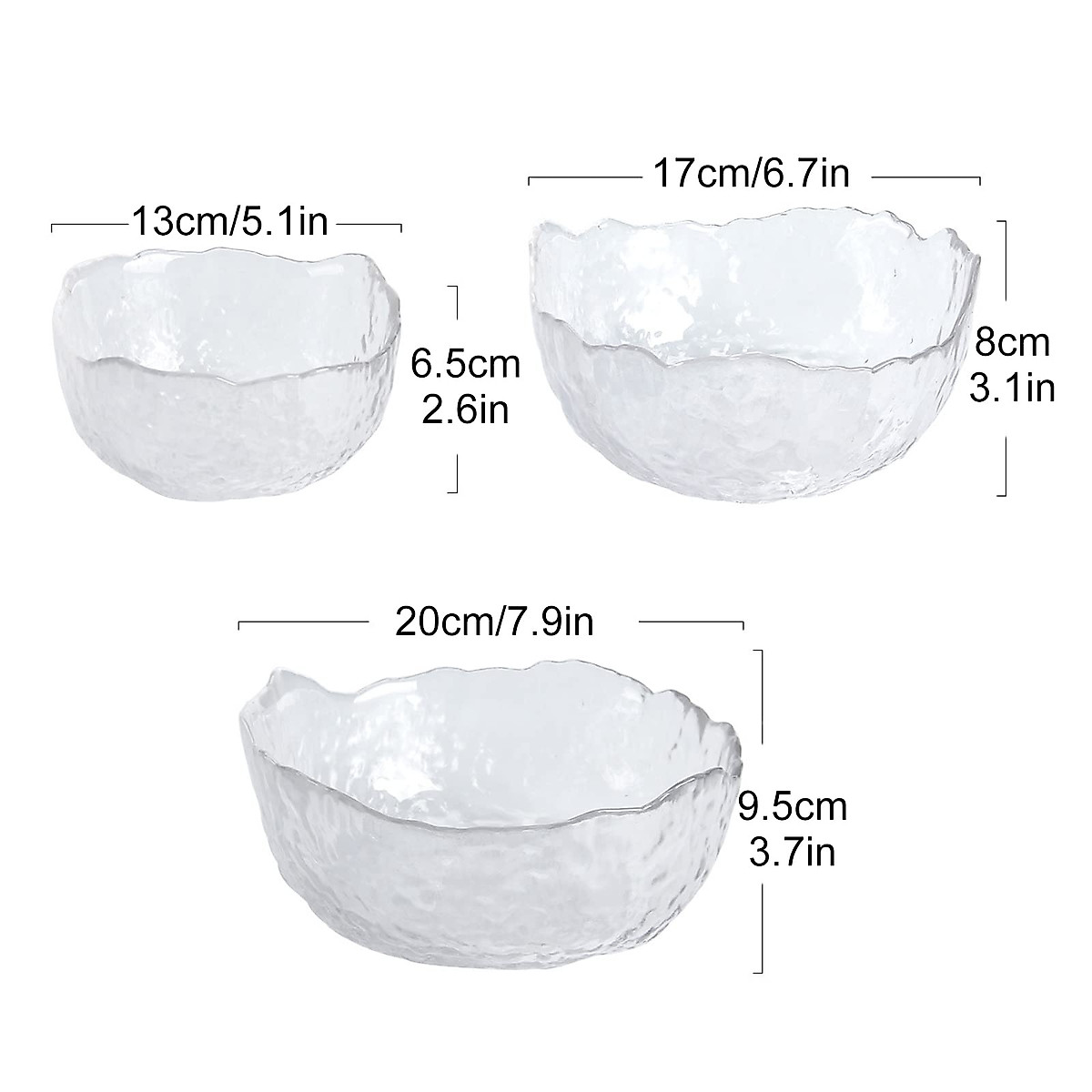 DEDEMCO 3 PCS Glass Salad Bowl,Phnom Penh Mixing Bowls,Crystal Bowls Irregular Shape Serving Bowls,Stackable Dessert Bowls for Kitchen Prep Fruit Pasta,300ml,750ml,1050ml