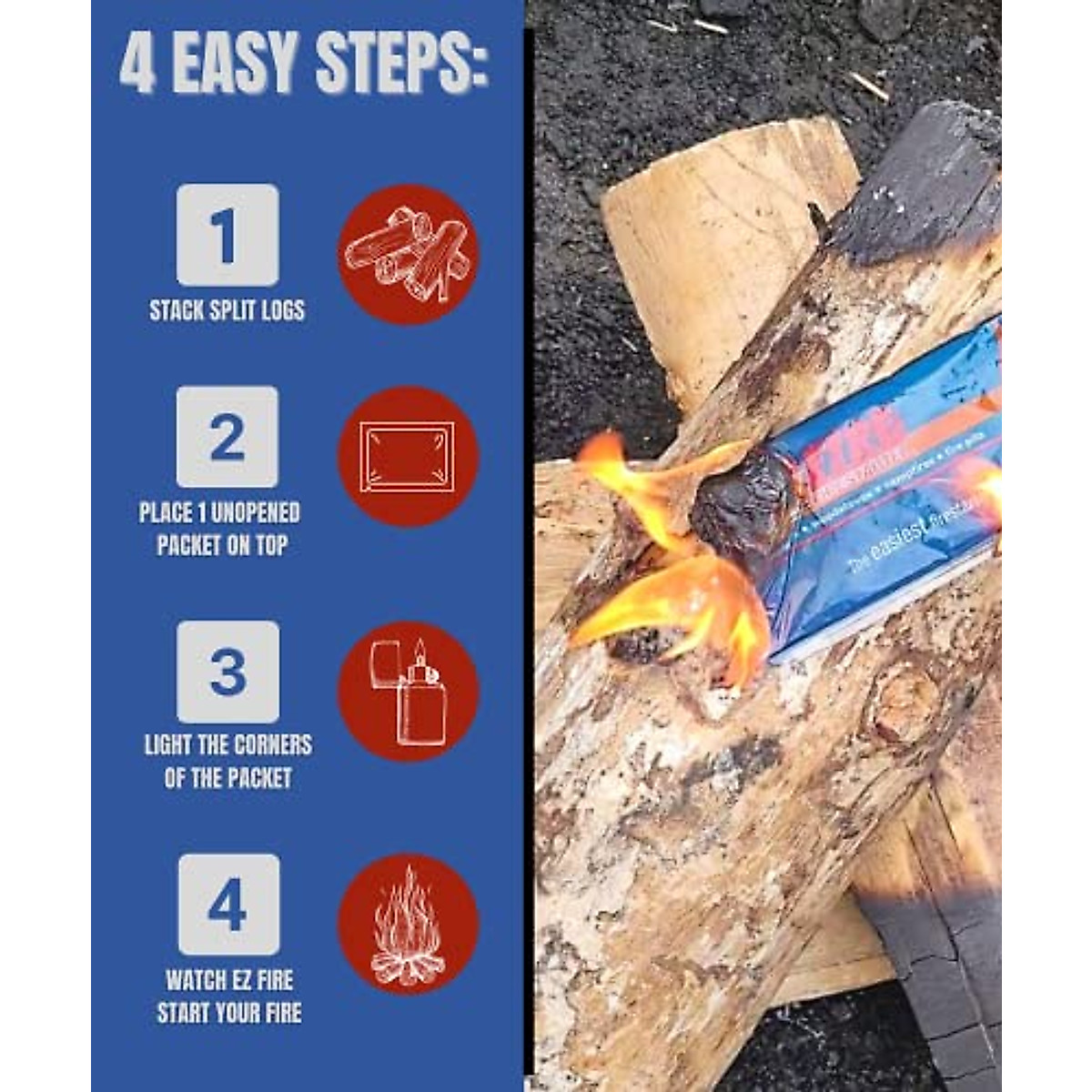 EZ FIRE FIRESTARTER for Fireplace, Campfire, or Grills. Safe, All Purpose, Effective, Waterproof, Windproof Fire Starter Gel Packets for Indoor or Outdoor Use. 50 Pack