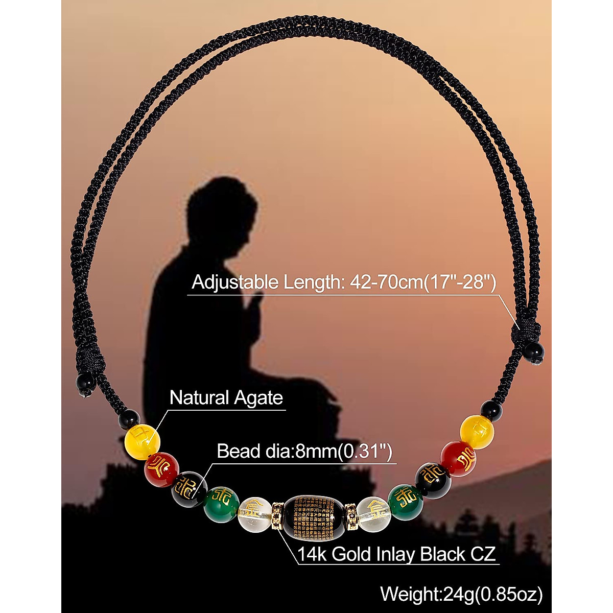 XHUUU Five Elements Agate Beaded with Cord Choker Necklaces for Women Crystals and Healing Stones Heart Sutra Amulet Chokers Necklace