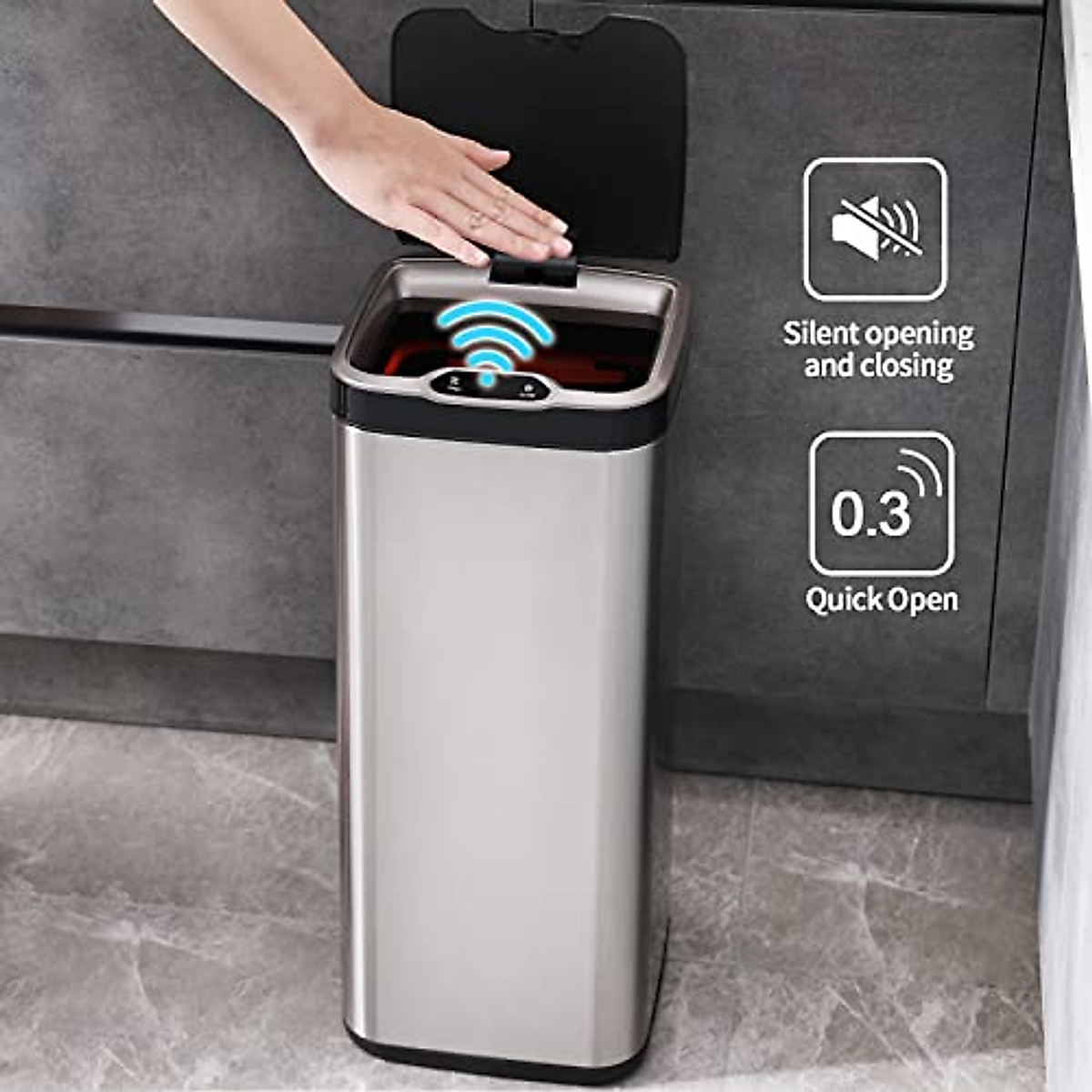 Square Stainless Steel ELPHECO 8 Gallon Sensor Trash Can with Lid, 30 Liter Automatic Kitchen Garbage Can, Slim Metal Trash Can for Home, Hotel, Office Building, Public Places