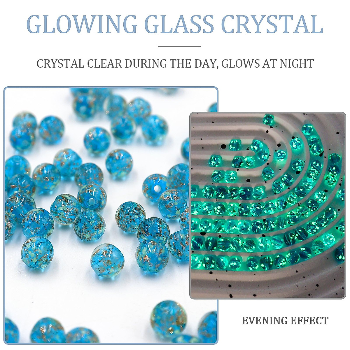 100Pcs Luminous Glass Beads Sky Blue 8mm Round Beads Glow Crystal Loose Beads with Rope for DIY Craft Bracelet Jewelry