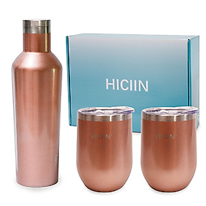 Hiciin Stainless Steel Wine Tumblers with Lid TWO 12oz & Insulated Wine bottle ONE 25oz&Gift Set with well packaged box.Keep water,wine,drinks with warm or cold (Champagne Gold)