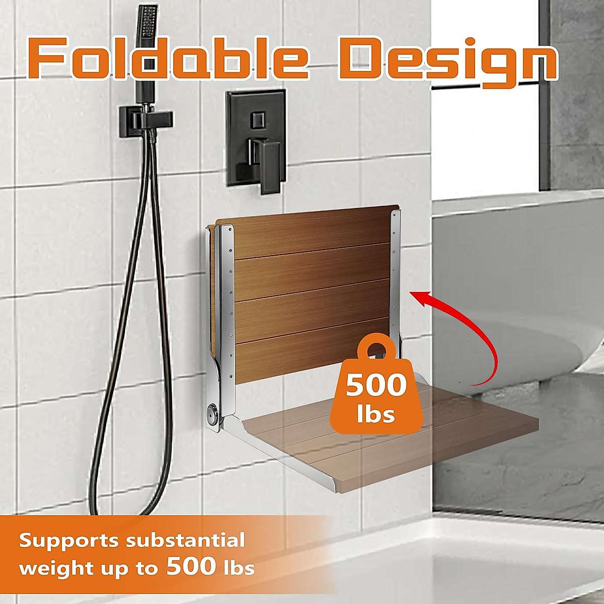 Teak Shower Bench 20'', Folding Shower Chair Wall Mounted, Wood Folding Shower Seat, Teak Shower Bench for Inside Shower, 500 lbs Capacity, Silver