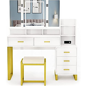 Vanity Set with Tri-fold Makeup Mirror, 45.59'' Large Vanity Desk with Charging Station, 3-Color Adjustable Touch Light, 5 Drawers, Storage Shelves&Cushioned Stool Makeup Vanity for Bedroom (White)